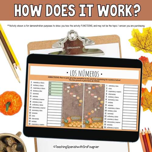 Fall Spanish Numbers 0-100 Self-Checking Digital Activities No Prep