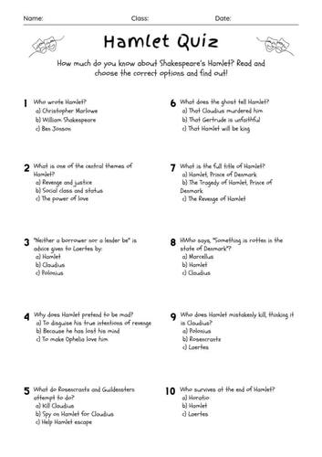 Shakespeare Hamlet Multiple Choice Quiz Worksheet by Worksheet Whisperer