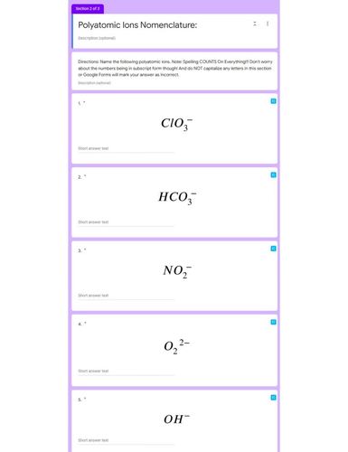 Chemistry - Nomenclature: Polyatomic Ions - 2 Google Forms Final ...