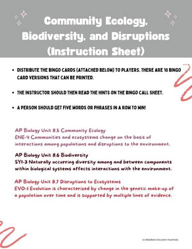 AP Biology Unit 8.5-8.7 Bingo: Community Ecology, Biodiversity, and ...
