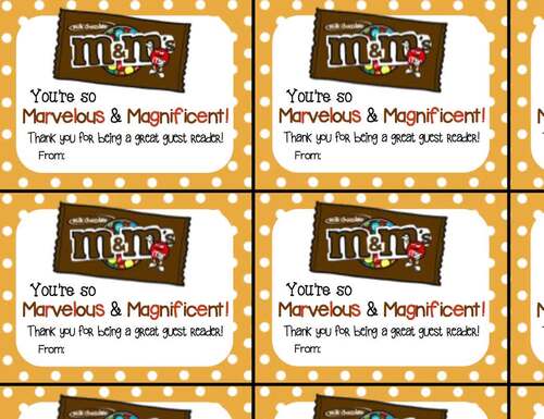 M&M's Guest Reader Appreciation Gift Tag- You are Marvelous & Magnificent!