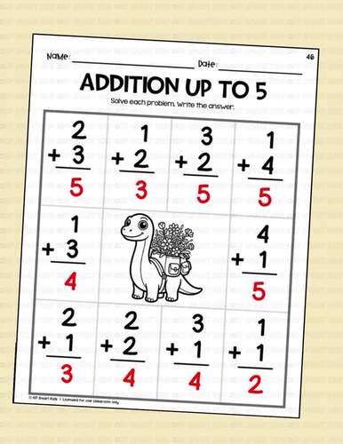 Spring Dinosaur Addition to 5 Worksheets No Prep Math Centers PreK ...