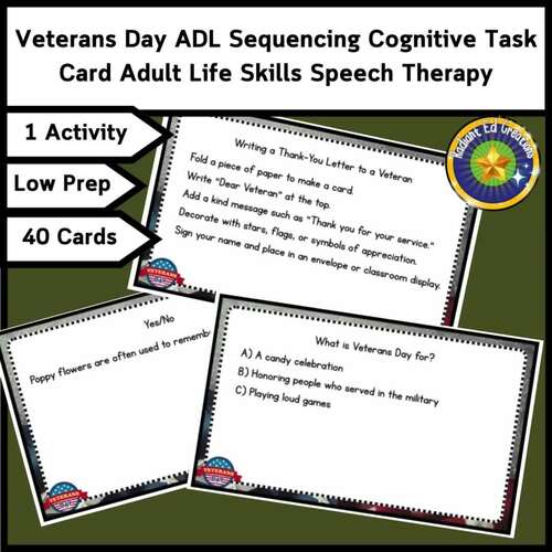 Veterans Day ADL Sequencing Cognitive Task Card Adult Life Skills ...