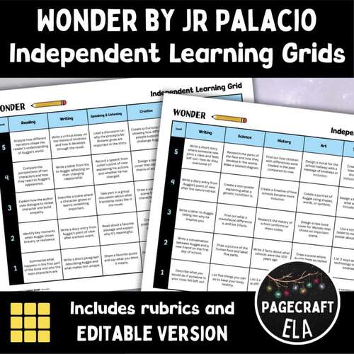 JR Palacio's Wonder Leveled Independent Study Grids of Activity Choices ...