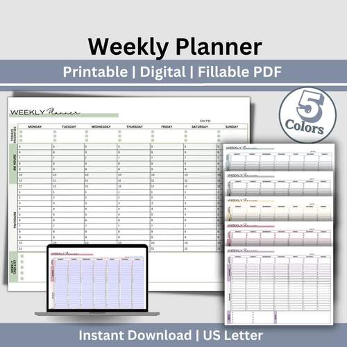 Weekly Hourly Planner Fillable PDF, Weekly Schedule, To Do List Printable