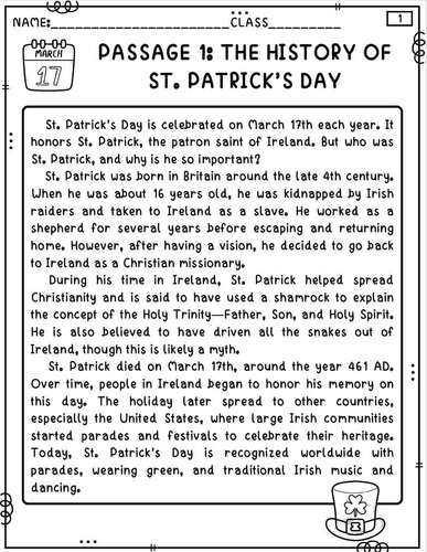 St. Patrick’s Day Reading Comprehension Worksheet | Grades 3–5 | TPT