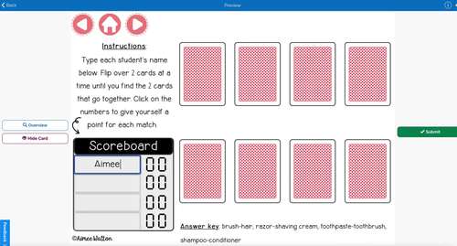 Cleaning Tools Associations Memory Match Game Boom Cards™ by Aimee Walton
