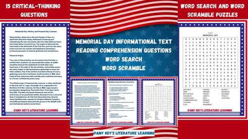 Memorial Day Informational Text Reading Comprehension Questions Word Search