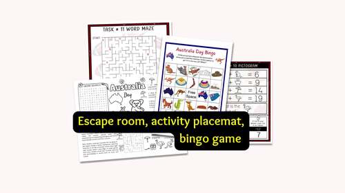 Australia Day Activity Bundle, 3 Themed Games, Aussie Escape Room and Bingo