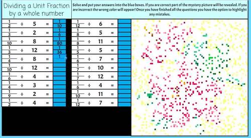 Dividing Unit Fractions by Whole Numbers Pixel Art Digital Activity