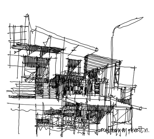 vdo Urban sketch Modern house hand drawn ink line drawings architecture