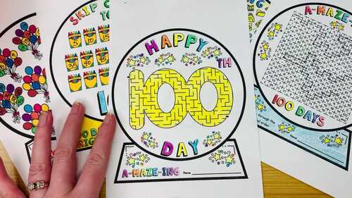 100th Day of School Activities & Craft | Writing Math Mazes & Coloring