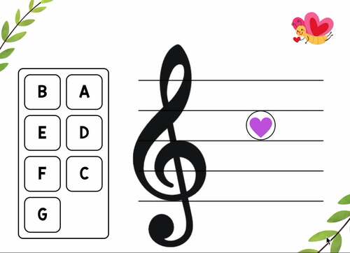 Valentines Treble Clef Note Naming, Beginner Elementary Music Game