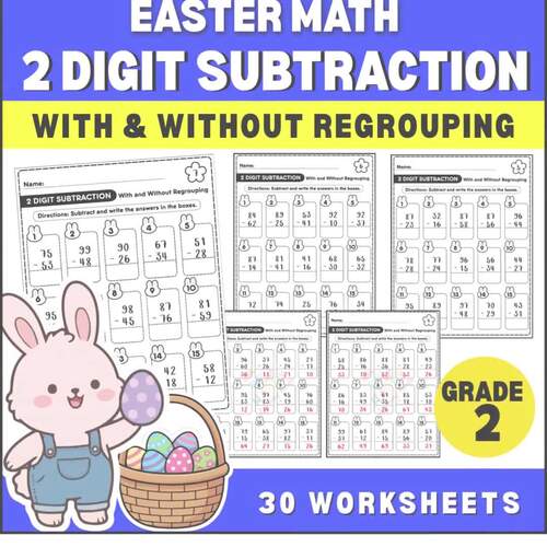 Easter 2-Digit Subtraction Worksheets | Grade 2 | With & Without Regrouping