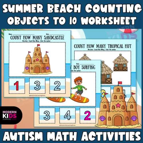 Summer Beach Counting Objects to 10 Worksheets - Autism Math Activities