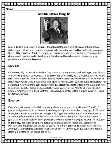 Distance Learning MLK Reading Passage, Questions & Writing Activites