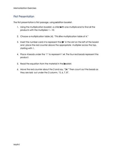 Montessori Math 1 Manual Memorization Exercises Multiplication Lessons ...