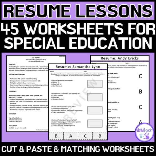 Resume Lesson Resume Worksheets Resume Reading Comprehension Lesson SPED