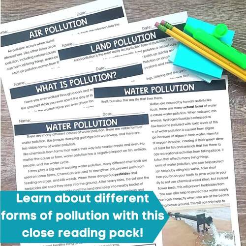 Pollution Reading Passages Earth Day Water Air Human Impact on the ...