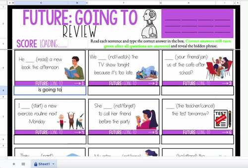 Future Tense Going to Review for Google Sheets Interactive ESL Grammar Game