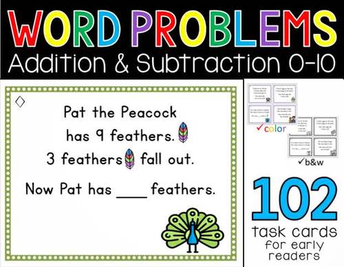 Addition and Subtraction Word Problems - 102 Task Cards by Primary Polished