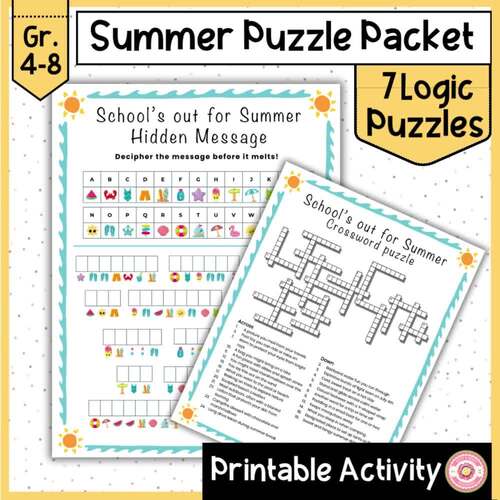 Summer Puzzle Pack of Logic Games for Middle School, Printable Code ...