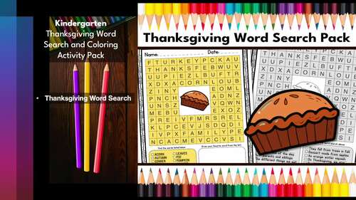 Kindergarten Thanksgiving Word Search Puzzle and Coloring Activity Pack