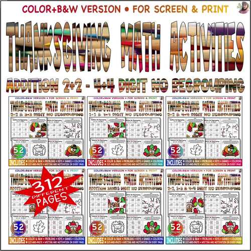 Addition 2+2 - 4+4 Digit without regrouping | Thanksgiving Activities ...