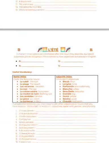 L’été - French Summer BAGS Adjectives *Differentiated* Tactile Activity