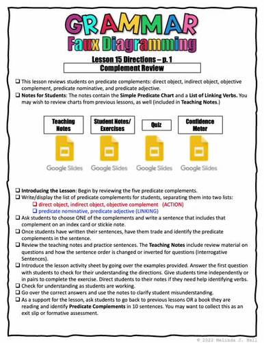 Predicate Complement Review - English Grammar Lesson 15 - Print &amp; Digital