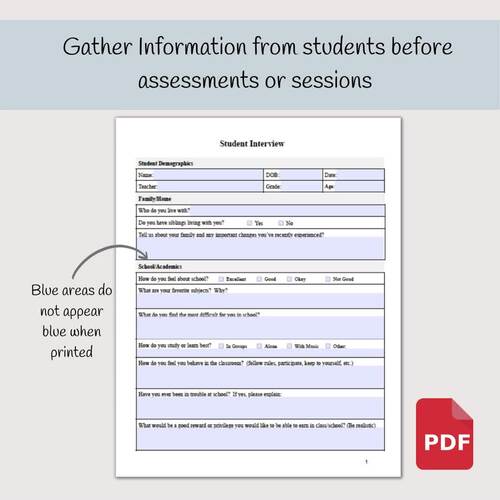 Student Interview Form, School Counselor, School Psychologist Template