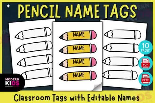 Editable Pencil Name Tags - PPTX, Black and White by ModernKids ...