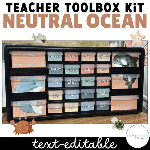 Neutral Ocean Teacher Toolbox Labels | Modern Ocean Classroom Decor