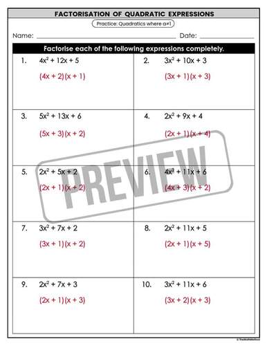 Factorisation of Quadratic Expressions Worksheets | Factoring, GCF ...