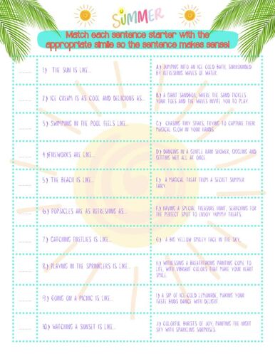 Summer Figurative Language SIMILE Match End of The Year Review June ELA