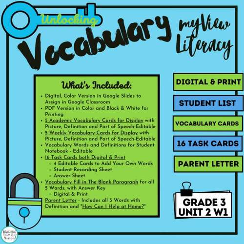 myView Vocabulary Cards & Activities Grade 3 Unit 2 Week 1 with Task Cards