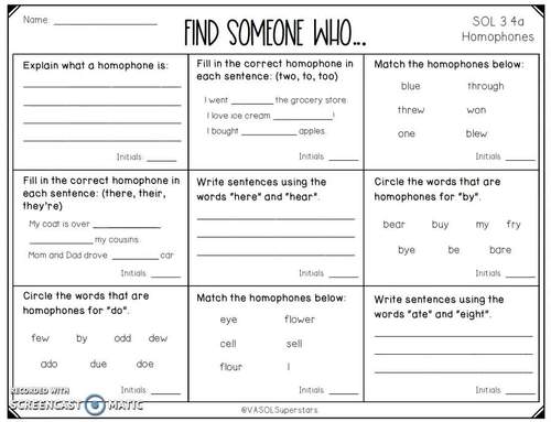 Virginia SOL Reading Test Prep: Word Analysis - Find Someone Who Activity