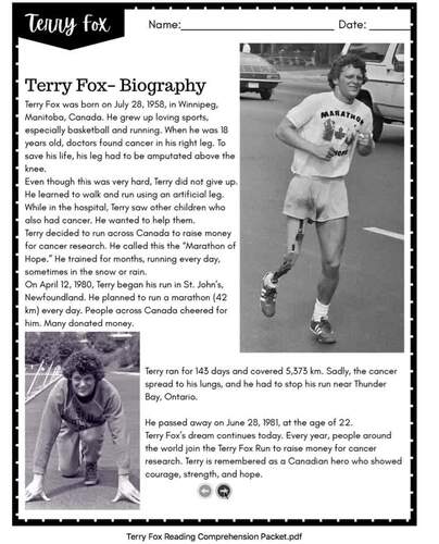 Terry Fox Reading Comprehension Activity Packet: 4th, 5th, 6th Grade