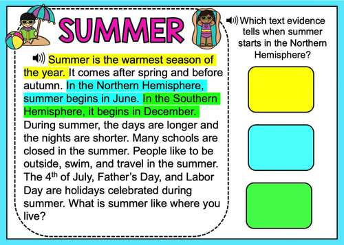 Summer Finding Citing Text Evidence Reading Boom Cards Task Cards with ...