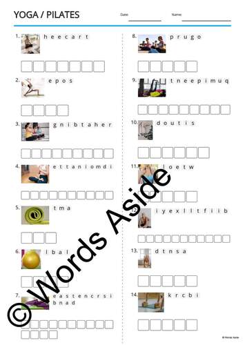 English Vocabulary Worksheets Cards Word Search Anagram YOGA PILATES