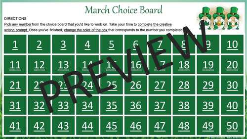 March St. Patricks Day Choice Board With 50 Writing Prompts | TPT