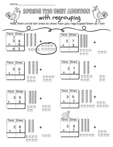 Spring Double Digit Addition with Regrouping Worksheets by easy4U teach