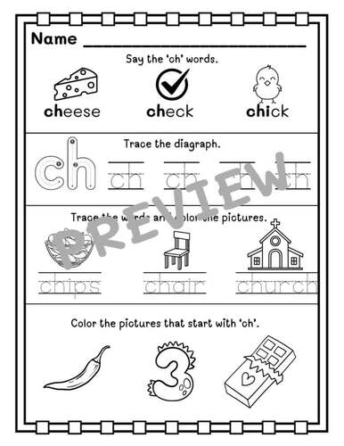 Digraph Worksheets | CH SH TH Diagraph Phonics Practice for K-1st Grade