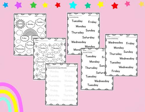 Printable Days of the Week Worksheets, Matching, Tracing, Coloring Activity