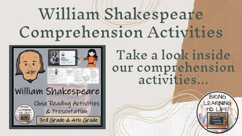 William Shakespeare Close Reading Comprehension Activities | 3rd & 4th ...