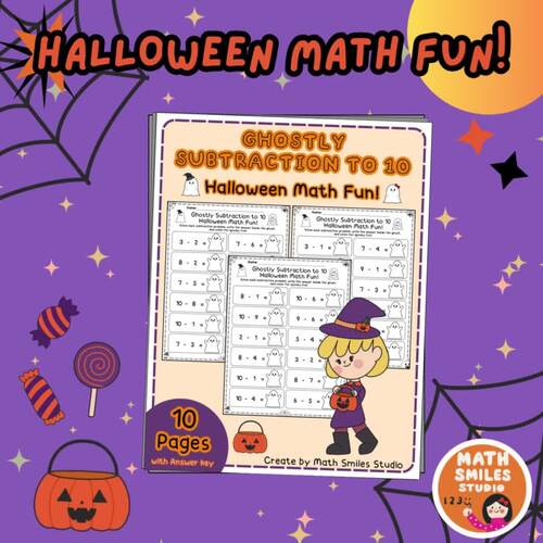 Ghostly Subtraction to 10 Solve & Color | Halloween Math Fun K & 1st Grade