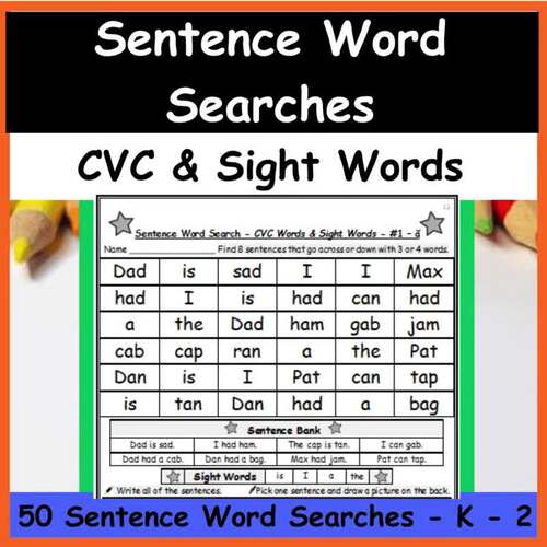 50 Sentence Word Searches – CVC Words & Sight Words - K – 2 | TPT