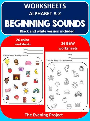 Beginning sounds worksheets /Alphabet A-Z Color and black and white