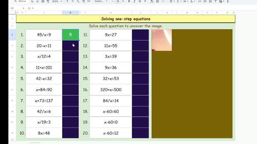Solving One Step Equations Digital Picture Art Reveal Activity 6th self ...