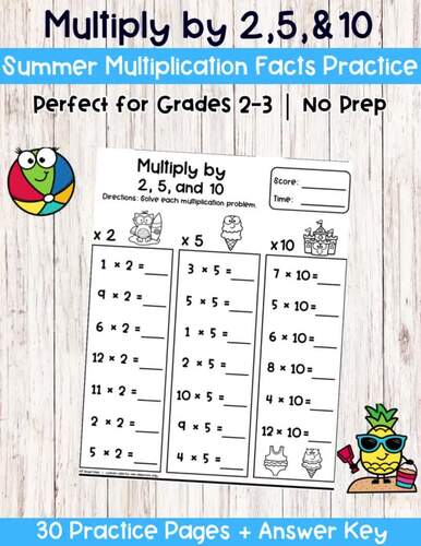 Summer Multiplication Facts | Multiply by 2, 5, & 10 Times Tables 1-12 ...